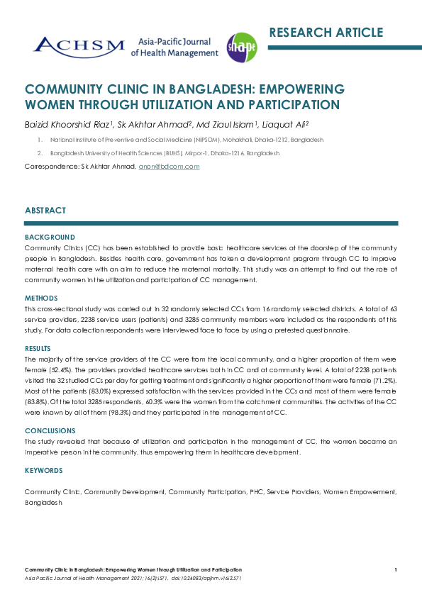 (PDF) Community Clinic in Bangladesh: Empowering women through ...
