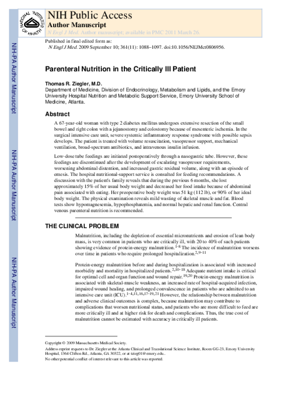 (PDF) Parenteral Nutrition in the Critically Ill Patient