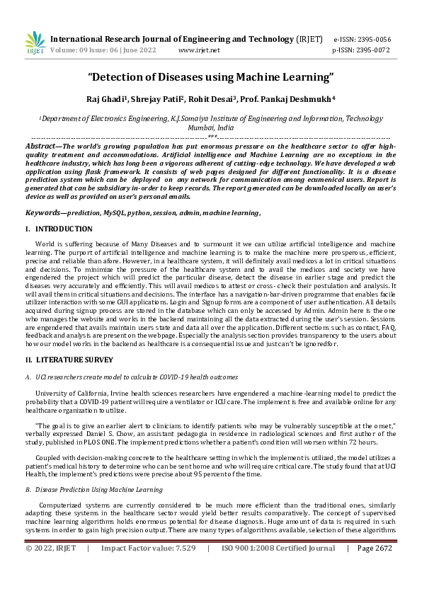 (PDF) "Detection of Diseases using Machine Learning"