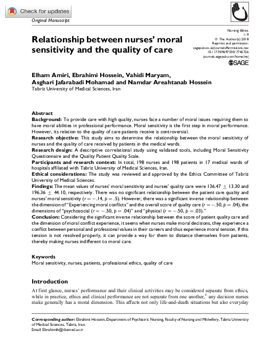 (PDF) Relationship between nurses' moral sensitivity and the quality of care