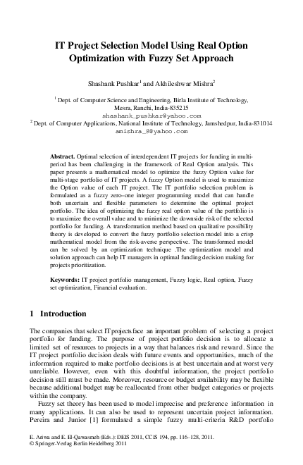 (PDF) IT Project Selection Model Using Real Option Optimization with Fuzzy Set Approach