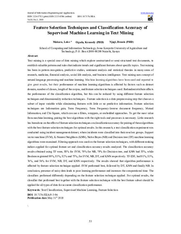 (PDF) Feature Selection Techniques and Classification Accuracy of Supervised Machine Learning in ...