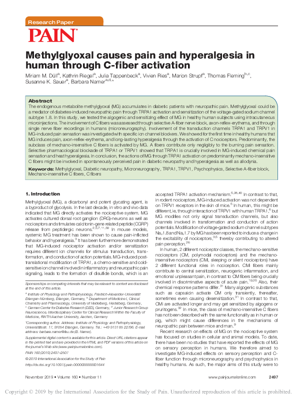 (PDF) Methylglyoxal causes pain and hyperalgesia in human through C-fiber activation