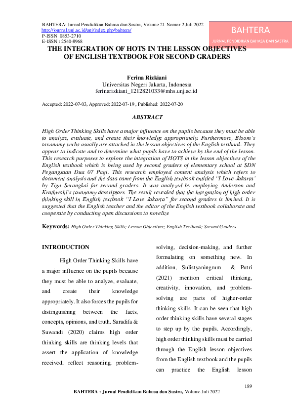 (PDF) The Integration of Hots in the Lesson Objectives of English ...