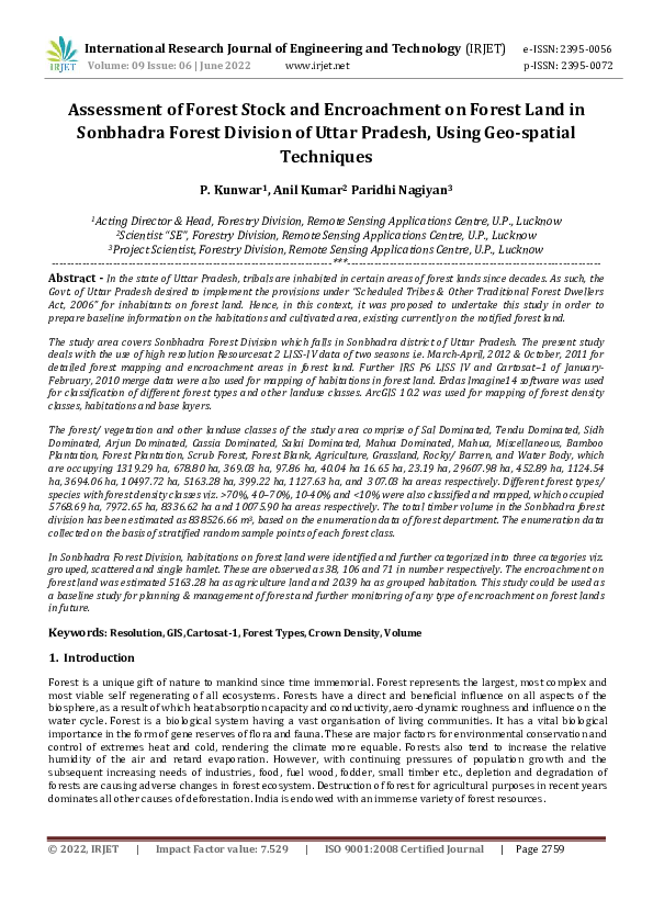 (PDF) Assessment of Forest Stock and Encroachment on Forest Land in Sonbhadra Forest Division of ...