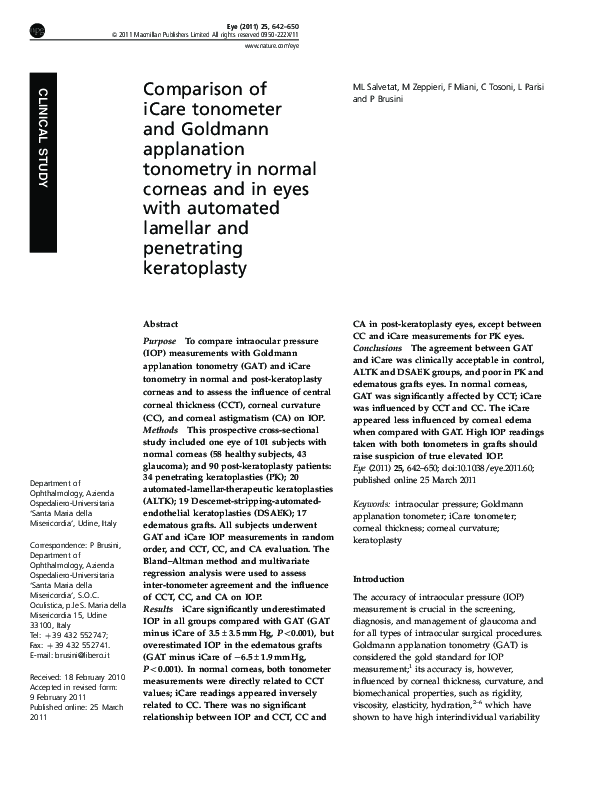 (PDF) Comparison of iCare tonometer and Goldmann applanation tonometry ...