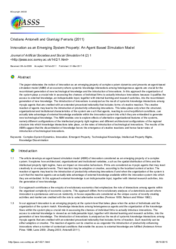(PDF) Innovation as an Emerging System Property: An Agent Based Simulation Model