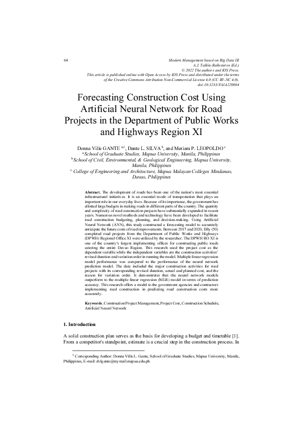 Pdf Forecasting Construction Cost Using Artificial Neural Network For Road Projects In The