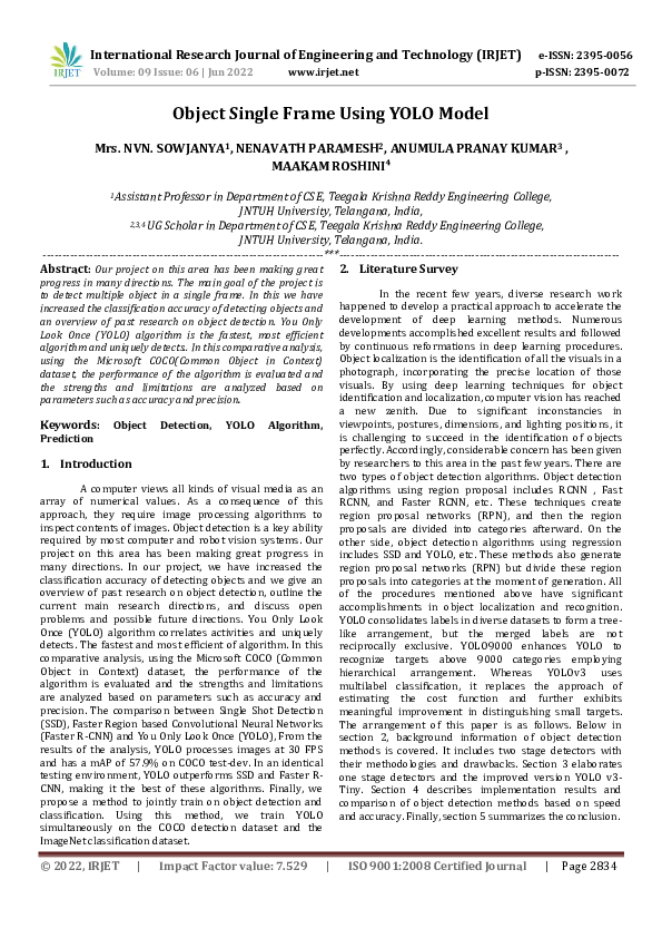 (PDF) Object Single Frame Using YOLO Model