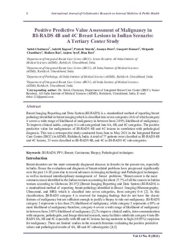 (PDF) Positive Predictive Value Assessment of Malignancy in BI-RADS 4B ...