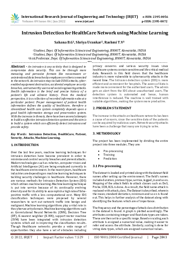 (PDF) Intrusion Detection for HealthCare Network using Machine Learning