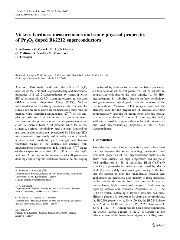 (PDF) Vickers hardness measurements and some physical properties of Pr2O3 doped Bi-2212 ...