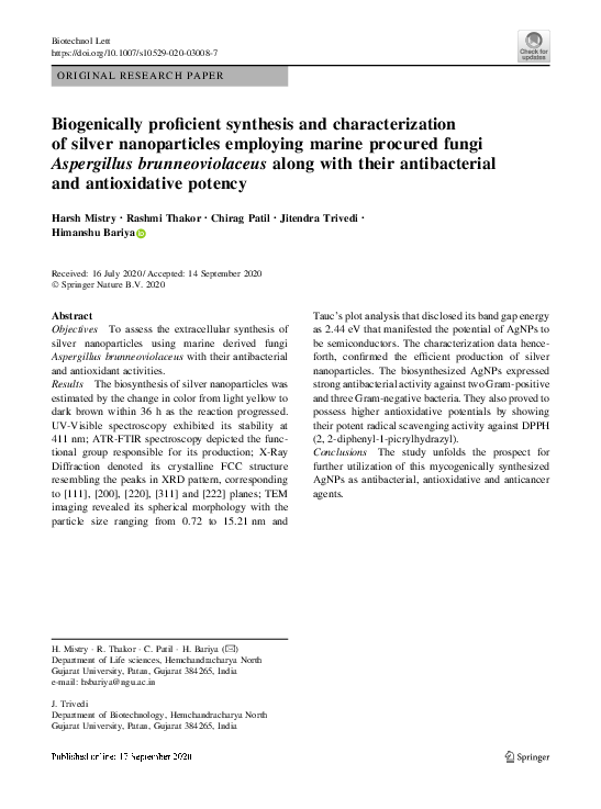 (PDF) Biogenically proficient synthesis and characterization of silver nanoparticles employing ...