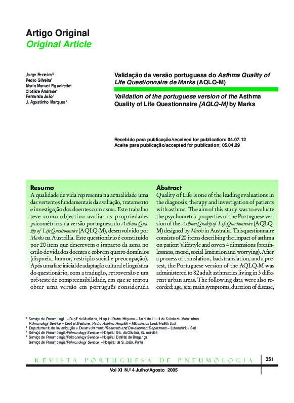 (PDF) Validação da versão portuguesa do Asthma Quality of Life ...