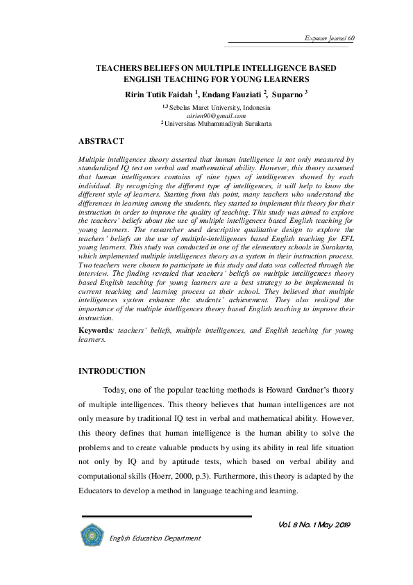 (PDF) Teachers' Beliefs on Multiple Intelligence Based English Teaching for Young Learners