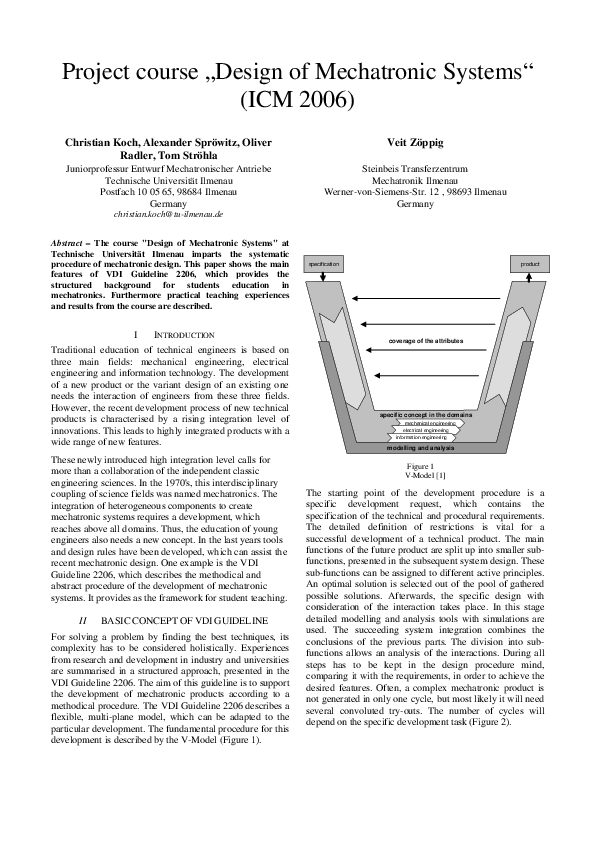 (PDF) Project course "Design of Mechatronic Systems" (ICM 2006)
