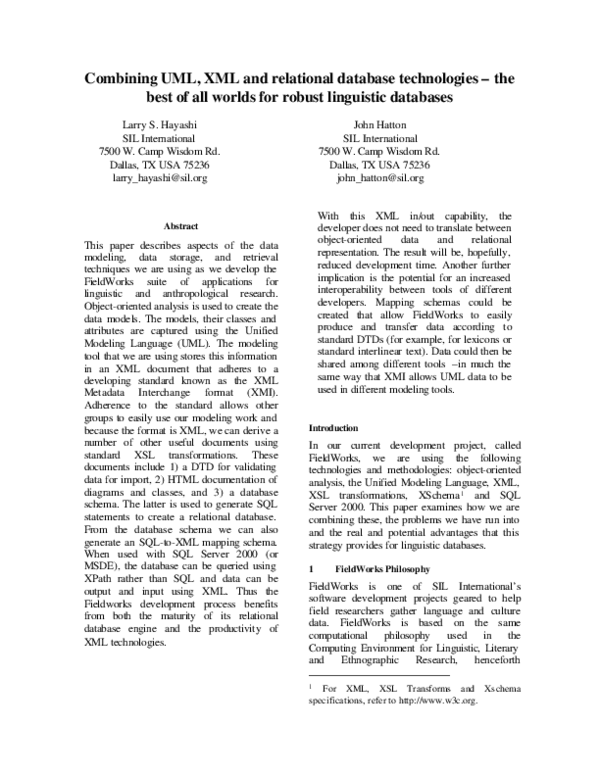 (PDF) Combining UML, XML and relational database technologies. The best ... (PDF) Combining UML, XML and relational database technologies. The best ...