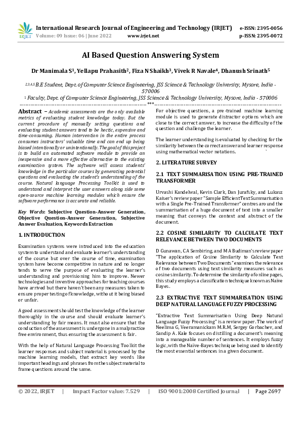 Pdf Ai Based Question Answering System