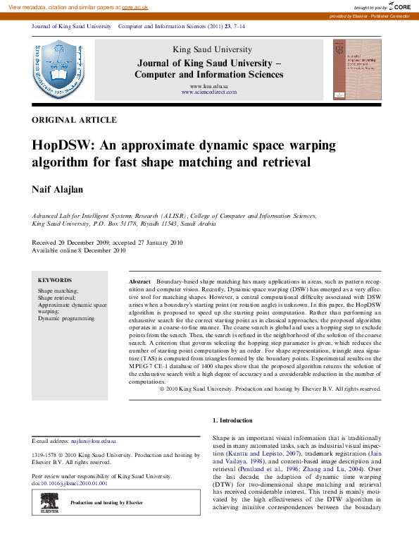 (PDF) HopDSW: An approximate dynamic space warping algorithm for fast shape matching and retrieval