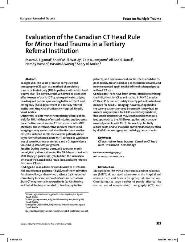 (PDF) Evaluation of the Canadian CT Head Rule for Minor Head Trauma in ...