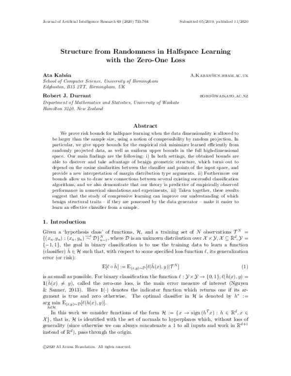 Pdf Structure From Randomness In Halfspace Learning With The Zero One