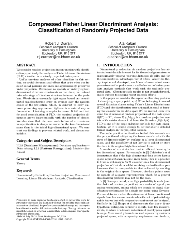 (PDF) Compressed Fisher Linear Discriminant analysis: Classification of randomly projected data
