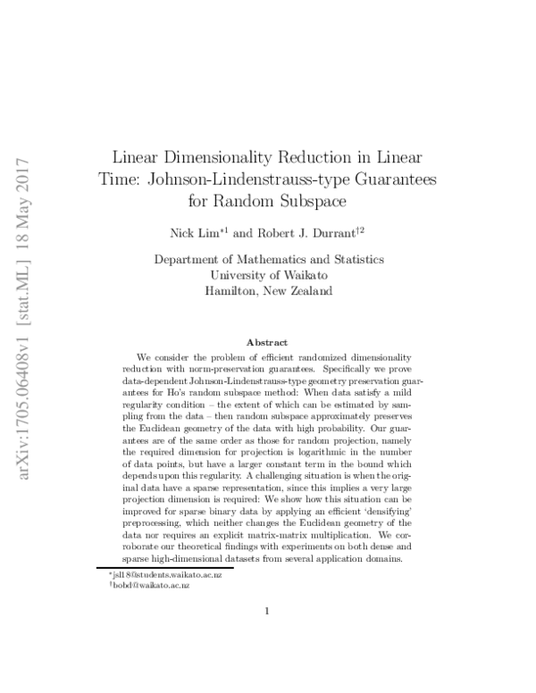 (PDF) Linear dimensionality reduction in linear time: Johnson-Lindenstrauss-type guarantees for ...