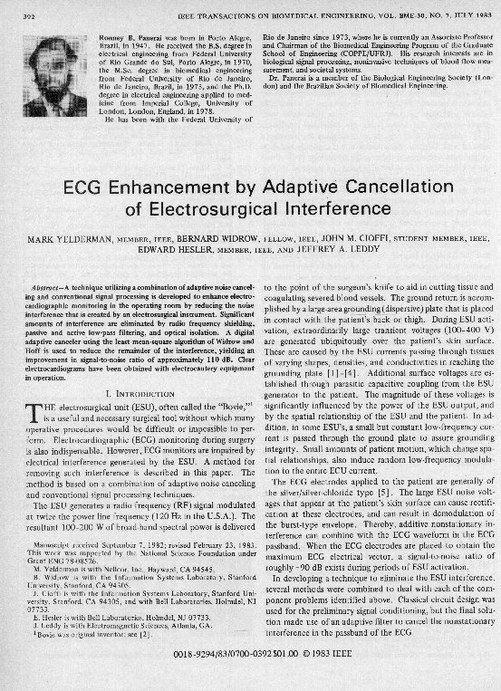 Pdf Ecg Enhancement By Adaptive Cancellation Of Electrosurgical Interference