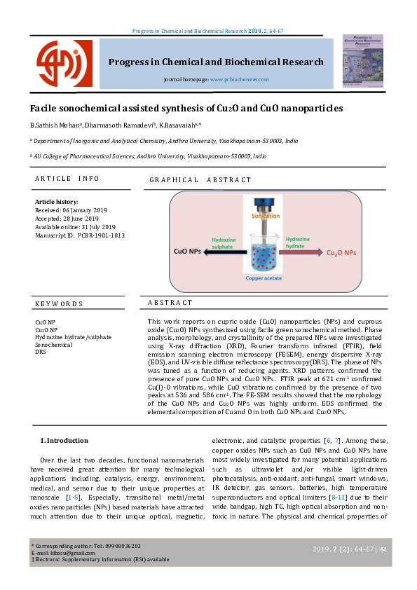 (PDF) Facile sonochemical assisted synthesis of Cu2O and CuO nanoparticles