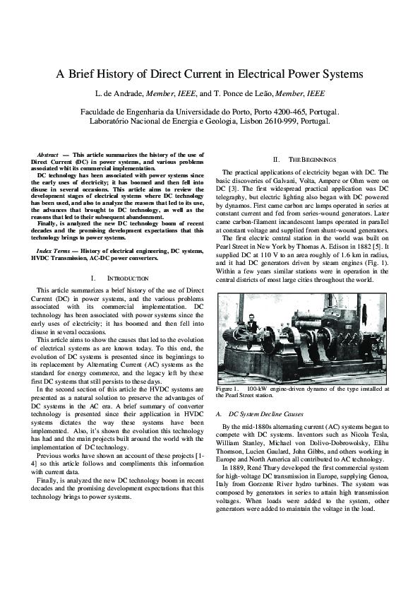 (PDF) A brief history of direct current in electrical power systems