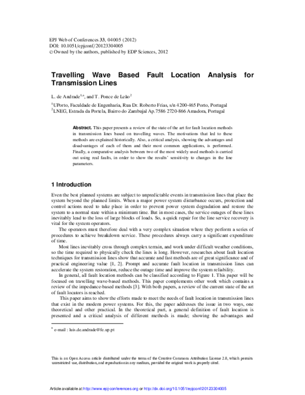 (PDF) Travelling Wave Based Fault Location Analysis for Transmission Lines