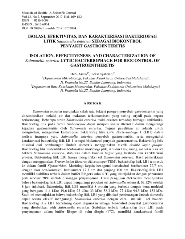 (PDF) ISOLASI, EFEKTIVITAS, DAN KARAKTERISASI BAKTERIOFAG LITIK Salmonella enterica SEBAGAI ...
