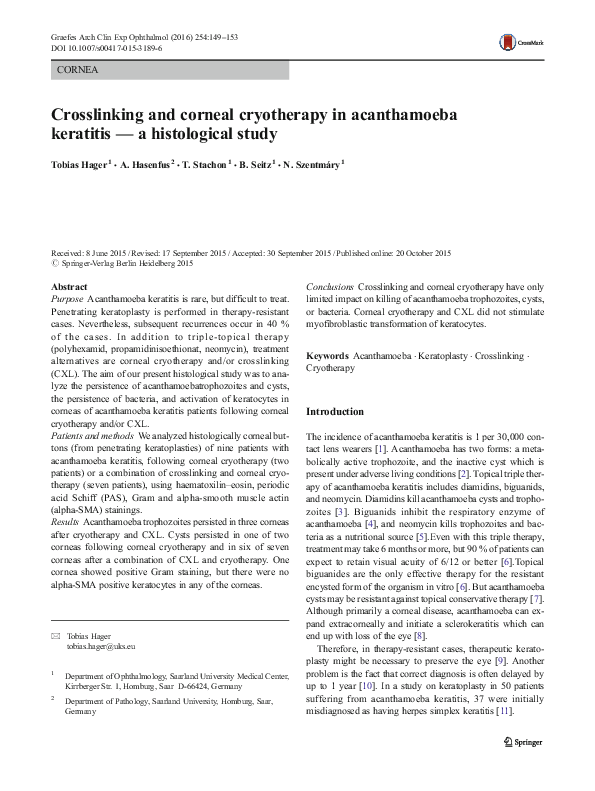 (PDF) Crosslinking and Cryotherapy Efficacy in Acanthamoeba Keratitis