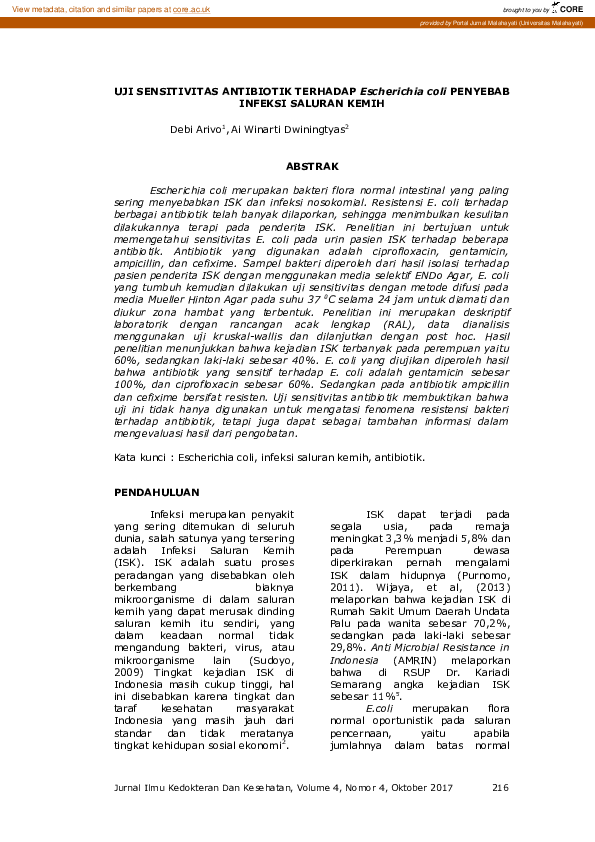 (PDF) UJI SENSITIVITAS ANTIBIOTIK TERHADAP Escherichia coli PENYEBAB ...