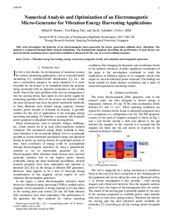 (PDF) Numerical Analysis and Optimization of an Electromagnetic Micro-Generator for Vibration ...