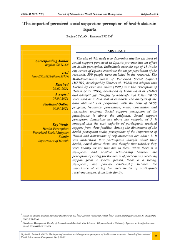 (PDF) The Impact of Perceived Social Support on Perception of Health ...