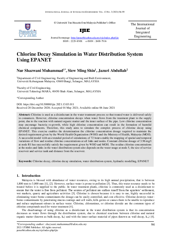 (PDF) Chlorine Decay Simulation in Water Distribution System Using EPANET