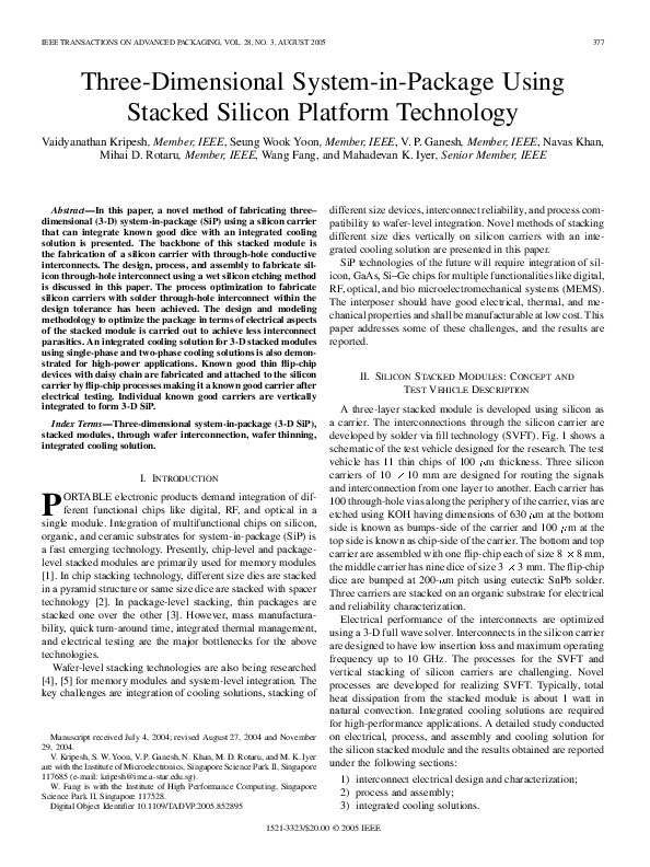 (PDF) Three-dimensional system-in-package using stacked silicon ...