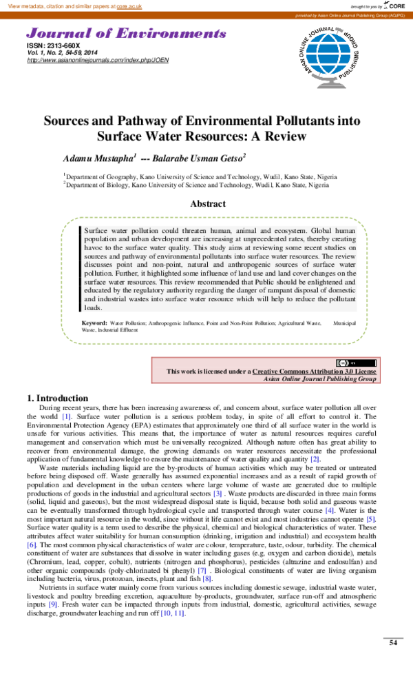 (PDF) Sources and Pathway of Environmental Pollutants into Surface ...
