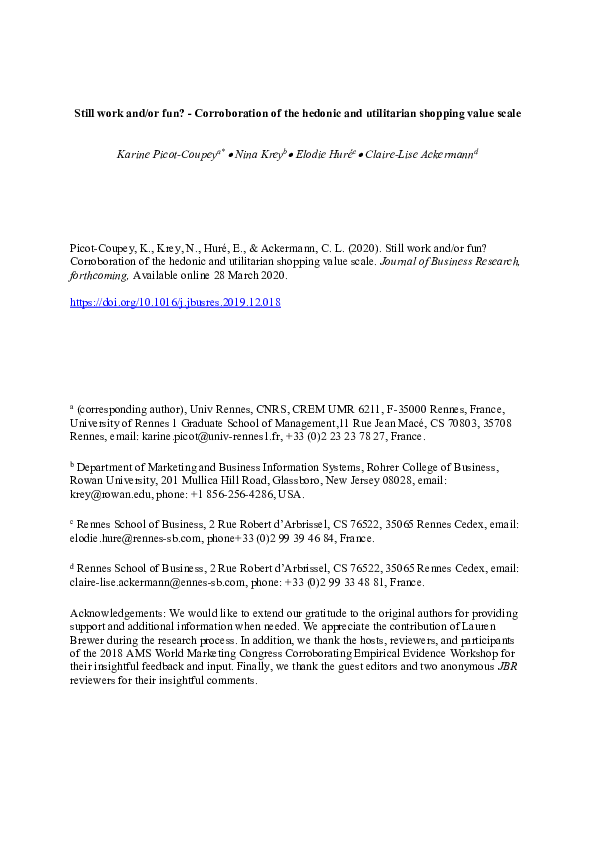 (PDF) Still work and/or fun? Corroboration of the hedonic and utilitarian shopping value scale