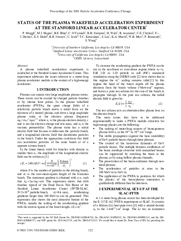 (PDF) Status of the Plasma Wakefield Acceleration Experimentat the ...