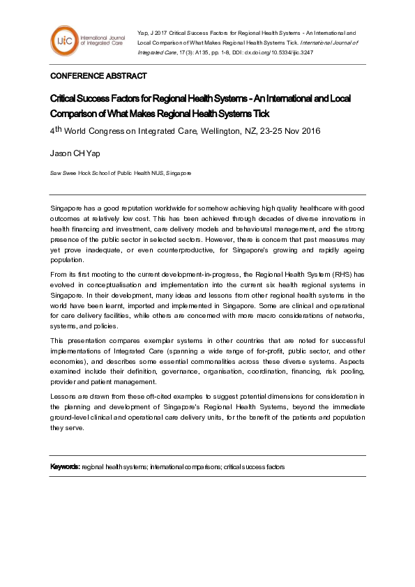 (PDF) Critical Success Factors for Regional Health Systems - An ...