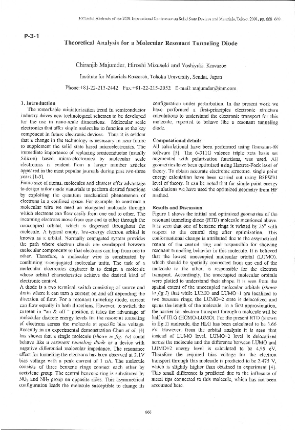 (PDF) Theoretical Analysis for a Molecular Resonant Tunneling Diode