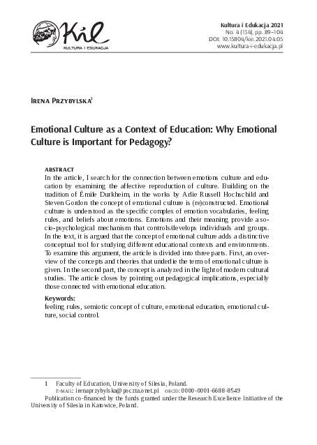 (PDF) Emotional Culture as a Context of Education: Why Emotional ...