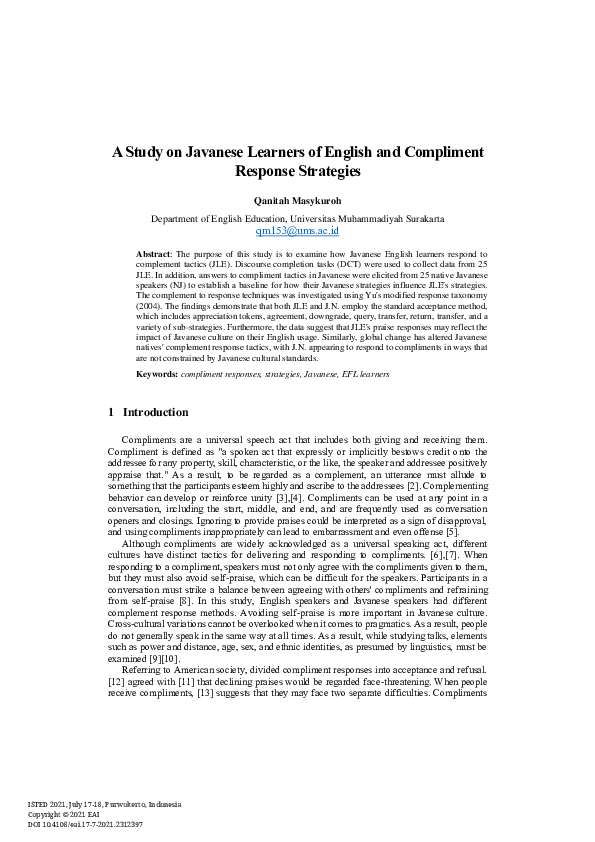 (PDF) A Study on Javanese Learners of English and Compliment Response Strategies