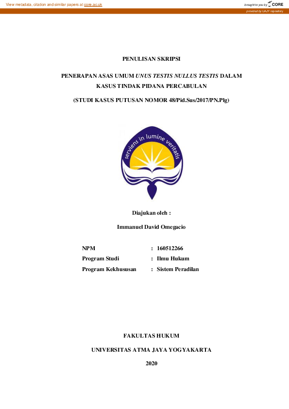 (PDF) PENERAPAN ASAS UMUM UNUS TESTIS NULLUS TESTIS DALAM KASUS TINDAK ...