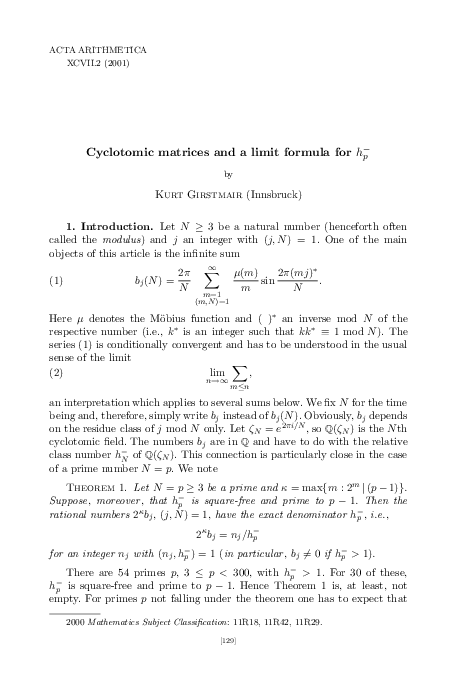 (PDF) Cyclotomic matrices and a limit formula for h p