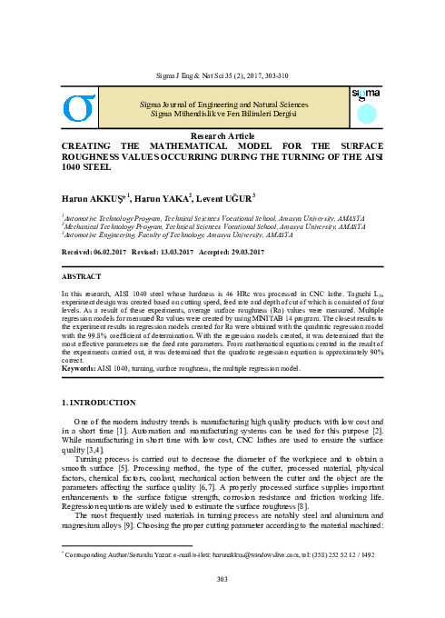 (PDF) Creating the Mathematical Model for the Surface Roughness Values Occurring During the ...