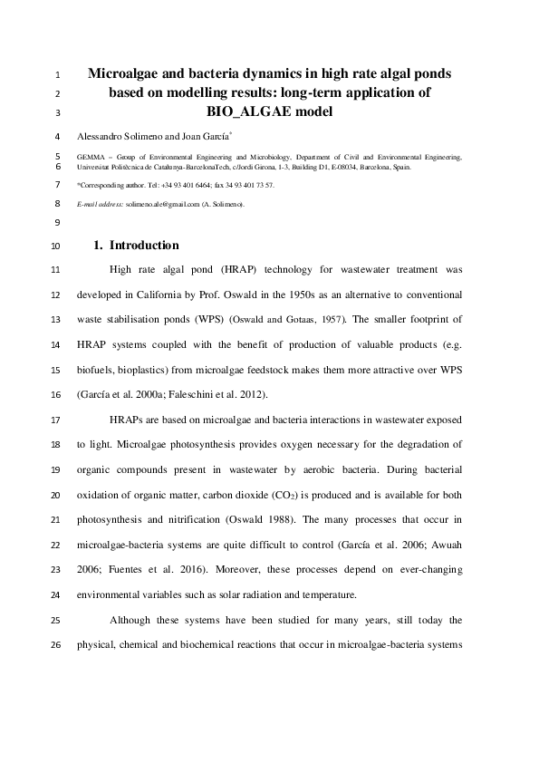 (PDF) Microalgae and bacteria dynamics in high rate algal ponds based on modelling results: Long ...
