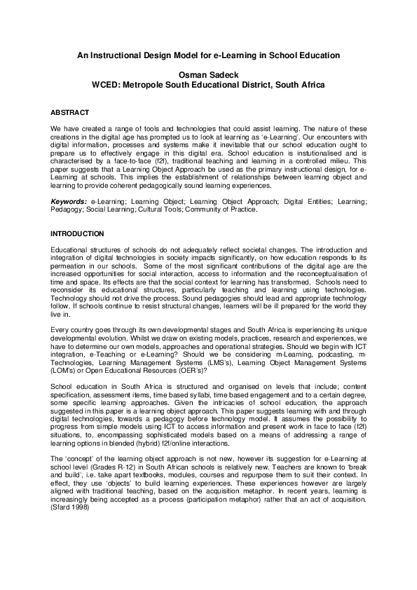 (PDF) An Instructional Design Model for e-Learning in School Education